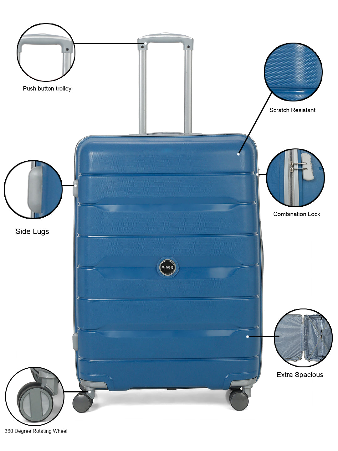 Teakwood Leather Unisex Blue Textured Hard-Sided Medium Trolley Bag ...